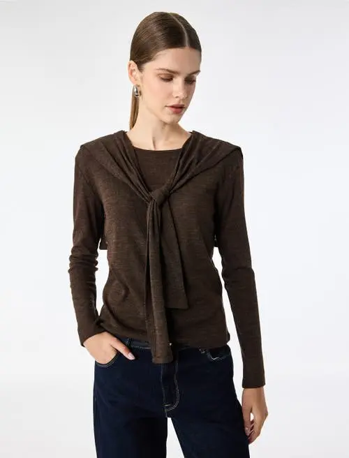 Koton Long Sleeve Tie-front Shawl Collar Top