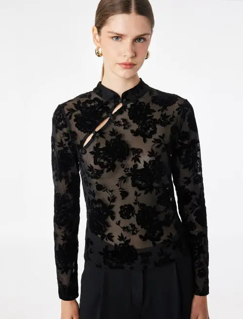 Koton Long Sleeve High Qipao Neck Floral Mesh Top