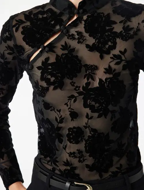 Koton Long Sleeve High Qipao Neck Floral Mesh Top