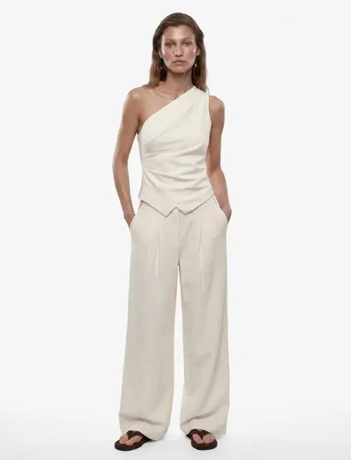 Koton Linen Blend One-shoulder Sleeveless Draped Top