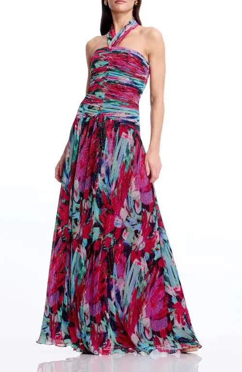 Dress The Population Lillian Floral Metallic Halter Gown - Bright Fuchsia Multi