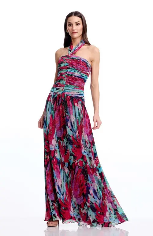 Dress The Population Lillian Floral Metallic Halter Gown