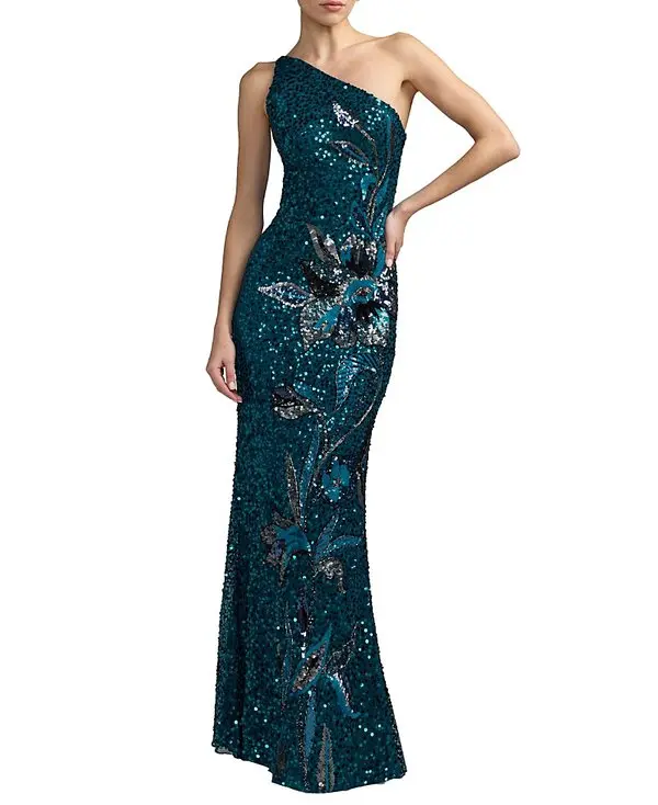 Mac Duggal Petite Beaded Mesh One Shoulder Floral Detail Gown