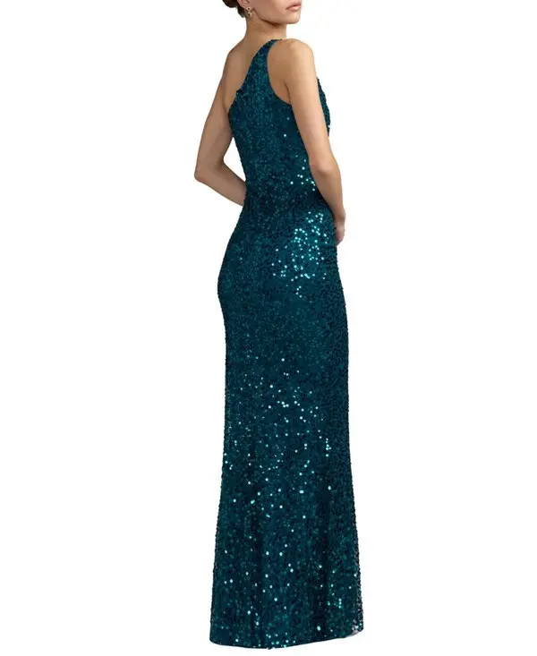 Mac Duggal Petite Beaded Mesh One Shoulder Floral Detail Gown