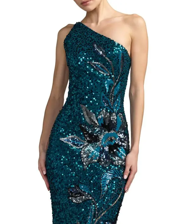 Mac Duggal Petite Beaded Mesh One Shoulder Floral Detail Gown