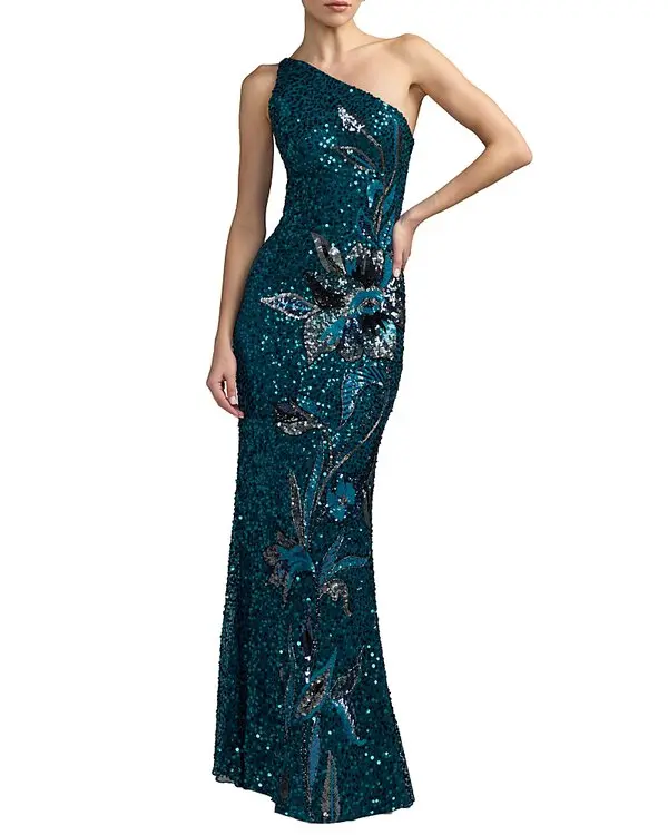 Mac Duggal Beaded Mesh One Shoulder Floral Detail Gown - Teal