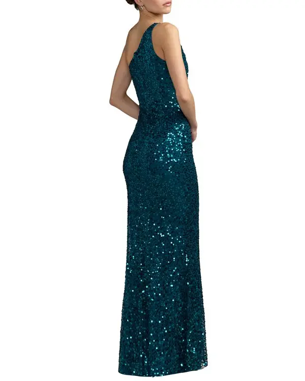 Mac Duggal Beaded Mesh One Shoulder Floral Detail Gown