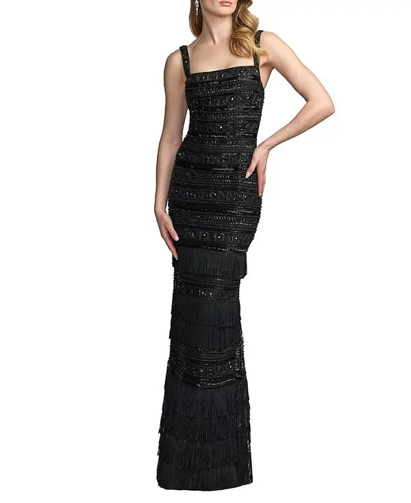 Mac Duggal Geometric Embllished Gown With Fringe