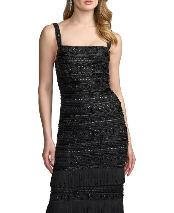 Mac Duggal Geometric Embllished Gown With Fringe