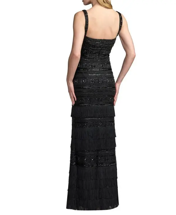 Mac Duggal Geometric Embllished Gown With Fringe