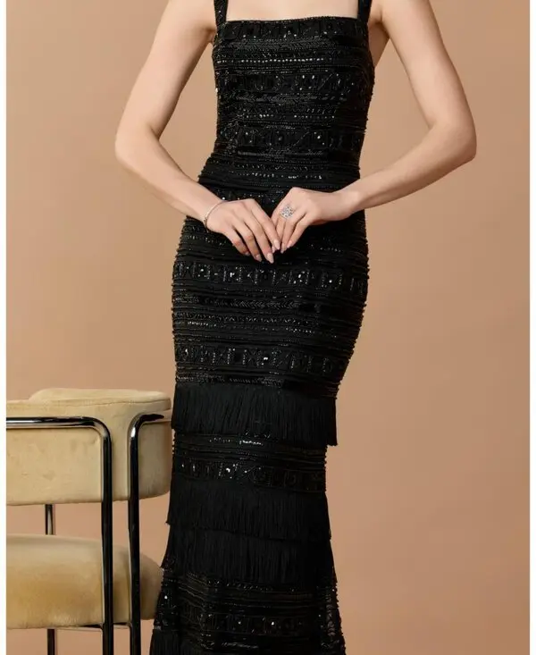 Mac Duggal Geometric Embllished Gown With Fringe