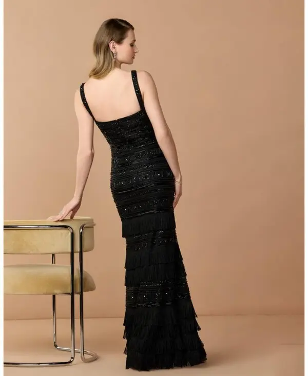 Mac Duggal Geometric Embllished Gown With Fringe