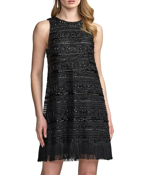 Mac Duggal Embellished Mesh Trapeze Fringe Mini Dress