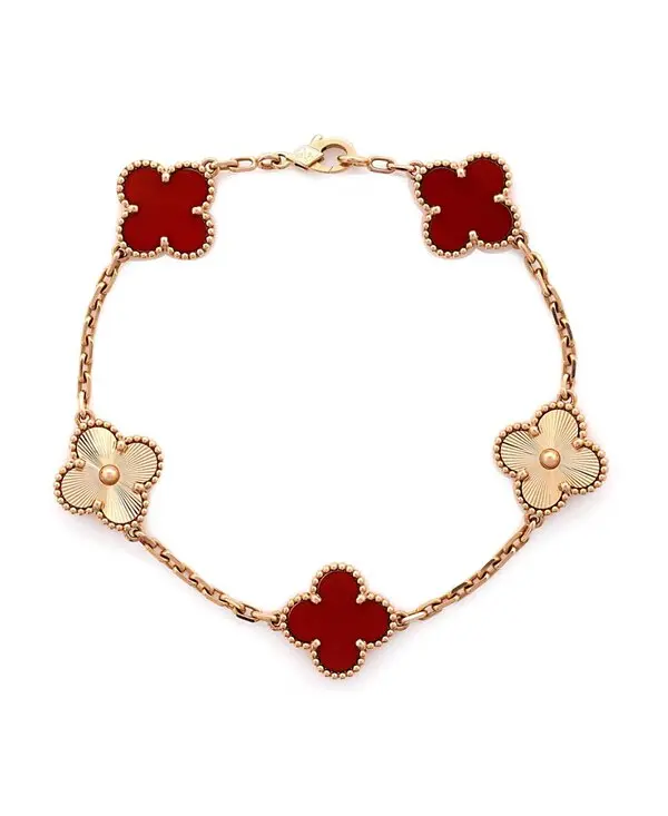 VAN CLEEF & ARPELS Vintage Alhambra 5 Motifs Bracelet Guilloche 18k Rose Gold And Carnelian - Pink