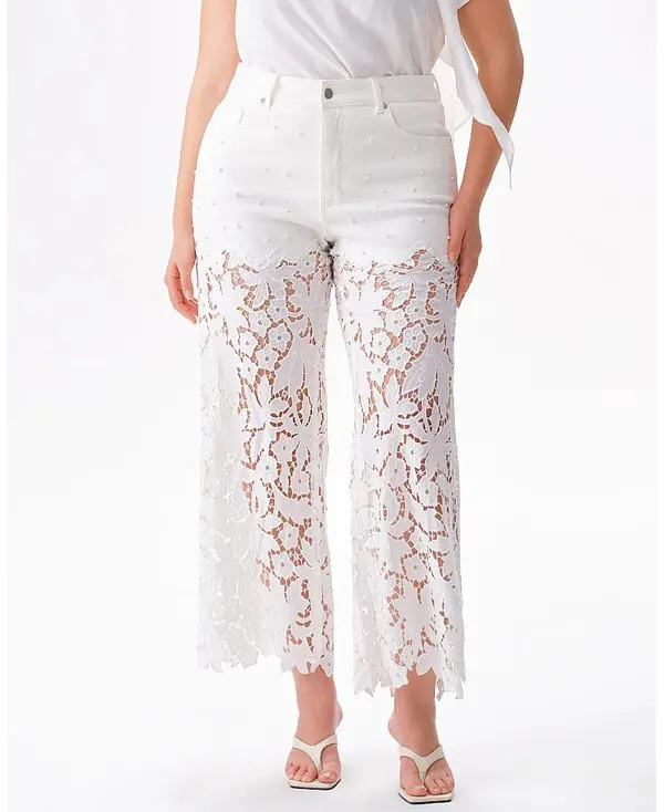 BAYEAS Plus Embroidery Wide Leg Lace Denim Jeans With Pearl