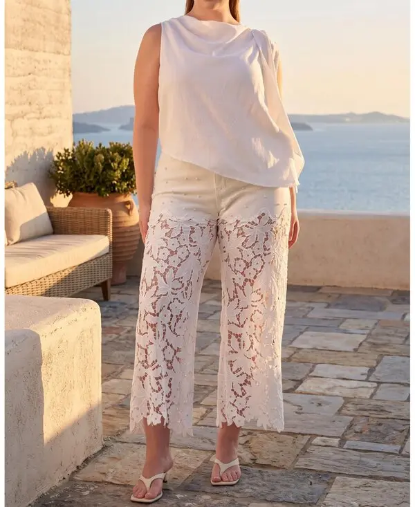 BAYEAS Plus Embroidery Wide Leg Lace Denim Jeans With Pearl