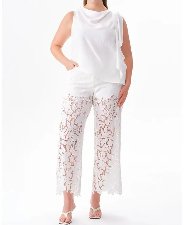 BAYEAS Plus Embroidery Wide Leg Lace Denim Jeans With Pearl