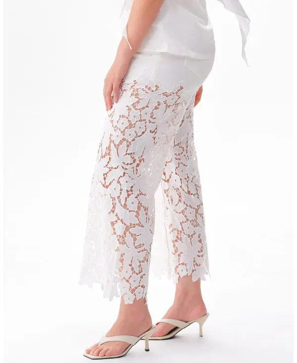 BAYEAS Plus Embroidery Wide Leg Lace Denim Jeans With Pearl