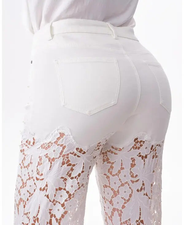BAYEAS Plus Embroidery Wide Leg Lace Denim Jeans With Pearl