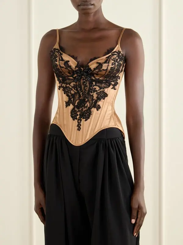 WIEDERHOEFT Embellished Lace-trimmed Silk-satin Bustier Top