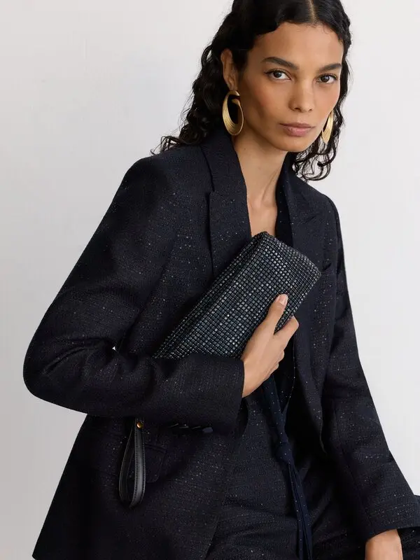 REISS Olga Crystal Embellished Pouch Clutch Bag - Navy