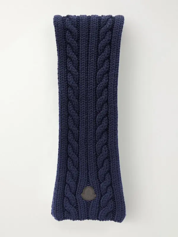 Moncler Logo-appliqué Cable-knit Virgin Wool Scarf - Blue