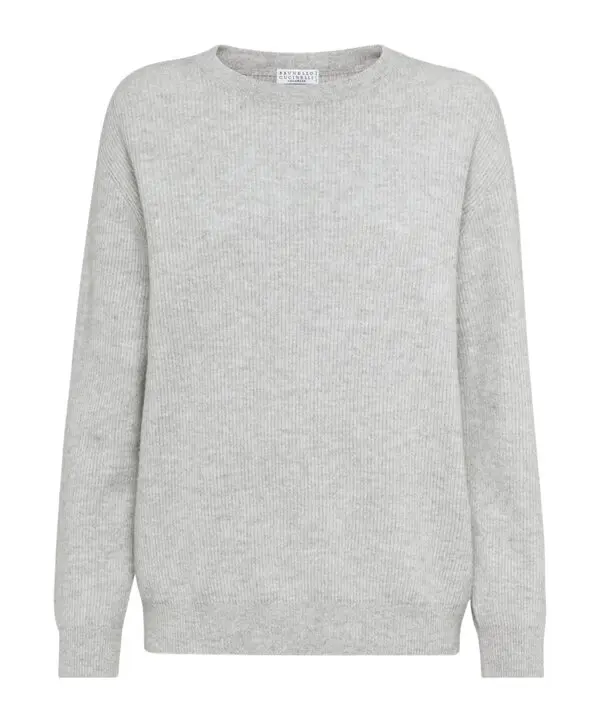 Brunello Cucinelli Cashmere English Rib Sweater With Monili - Light Grey