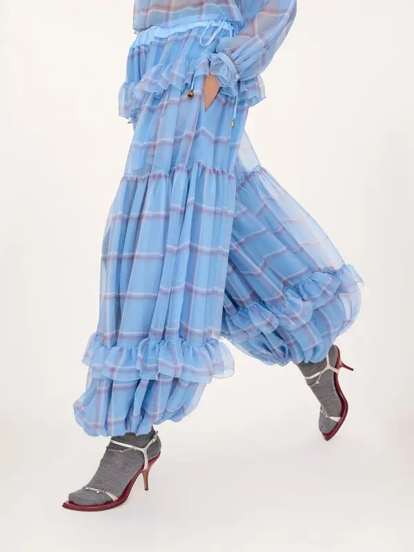 Chloé Fluid Pleated Trousers In Check Silk Mousseline