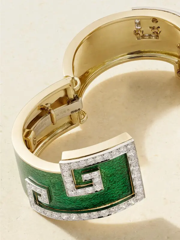 David Webb Scroll 18-karat Gold And Platinum, Diamond And Enamel Bangle