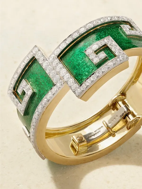 David Webb Scroll 18-karat Gold And Platinum, Diamond And Enamel Bangle