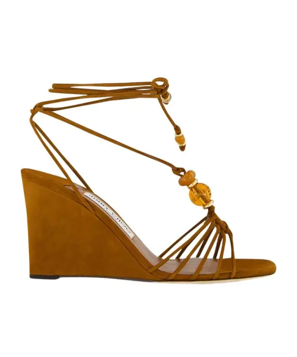JIMMY CHOO Lova Bead-embellished Suede Wedge Sandals - Brown