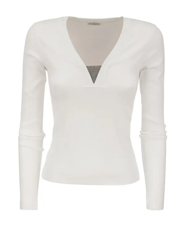 Brunello Cucinelli V-neck Long Sleeved Top - White