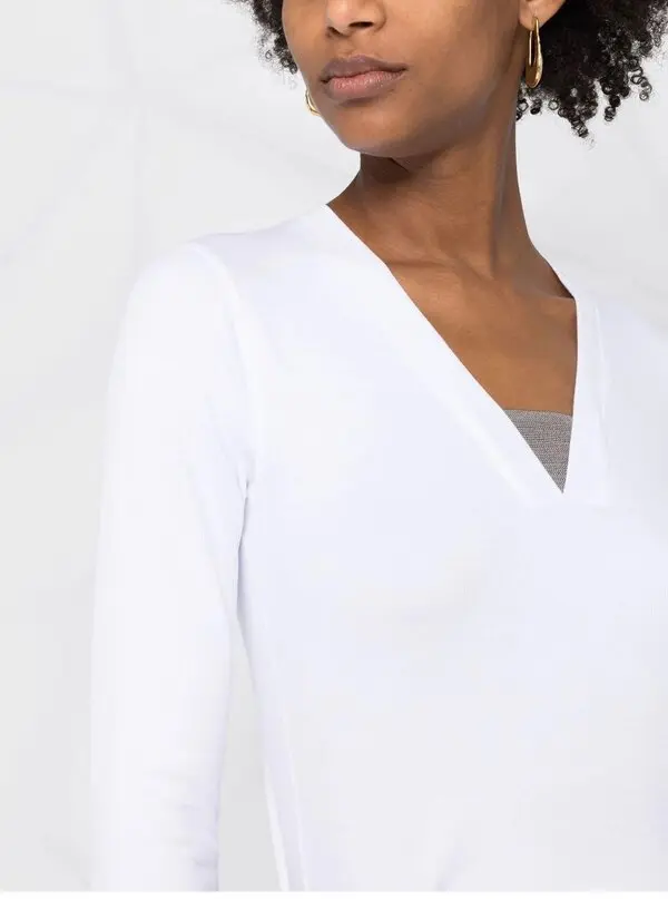 Brunello Cucinelli V-neck Long Sleeved Top - White