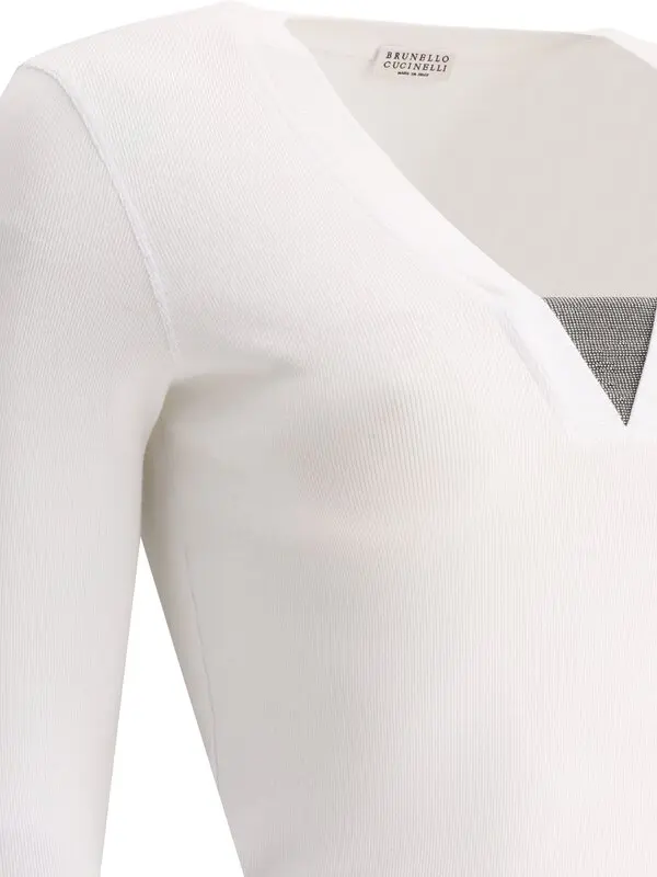 Brunello Cucinelli V-neck Long Sleeved Top - White
