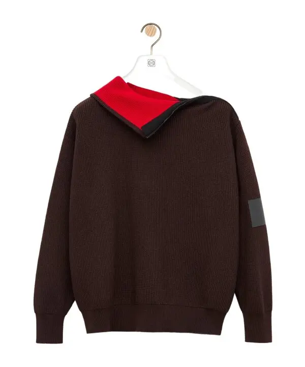 Loewe Zip-neck Patch Knitted Sweater - Brown