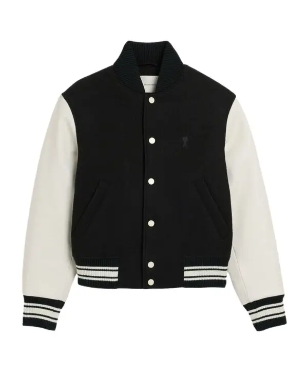 AMI Paris Wool And Leather Padded Teddy Jacket With Embroidery