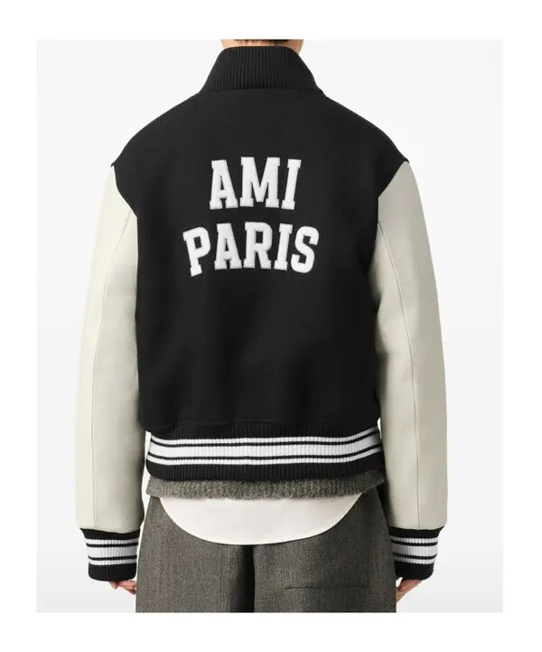 AMI Paris Wool And Leather Padded Teddy Jacket With Embroidery