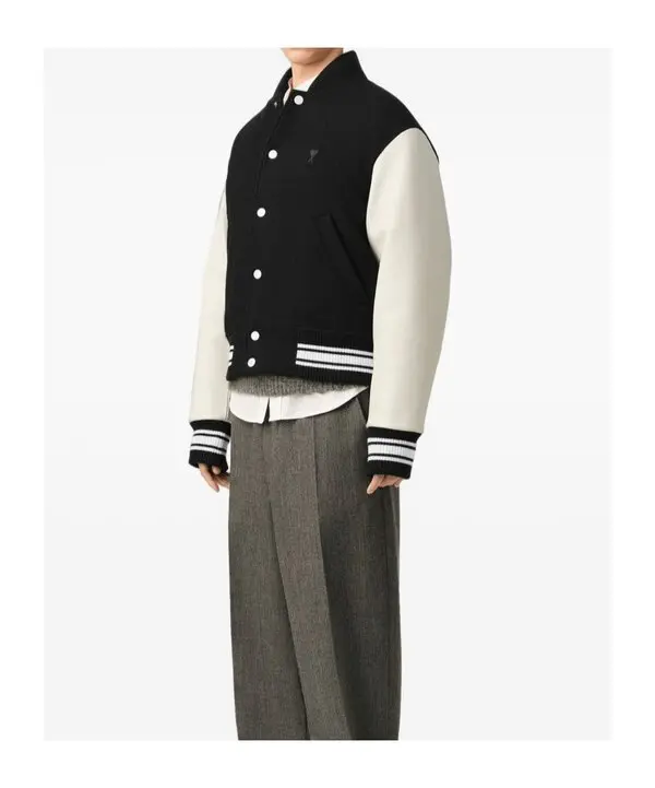 AMI Paris Wool And Leather Padded Teddy Jacket With Embroidery