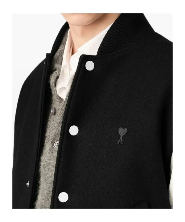 AMI Paris Wool And Leather Padded Teddy Jacket With Embroidery