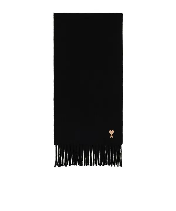 AMI Paris Wool Scarf With De Coeur Patch - Black