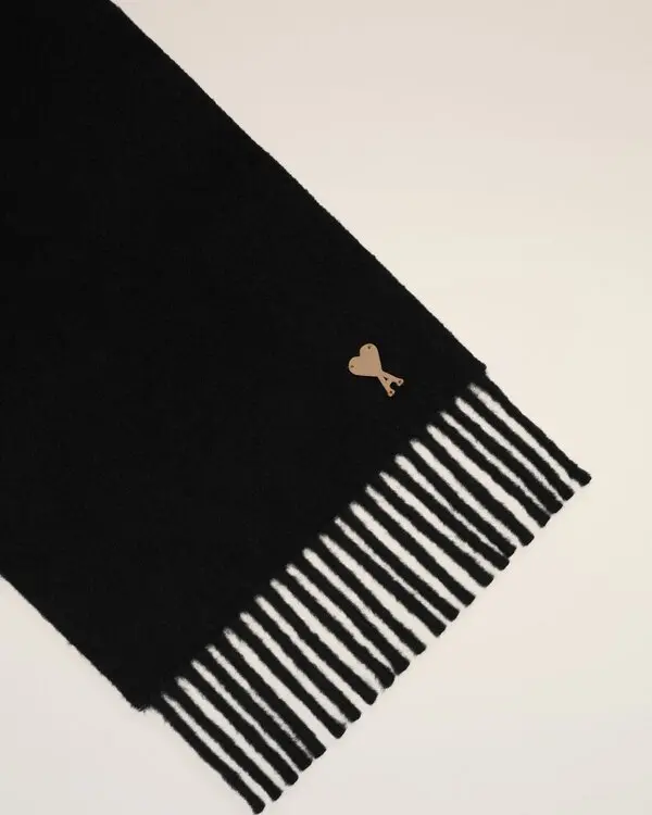 AMI Paris Wool Scarf With De Coeur Patch - Black