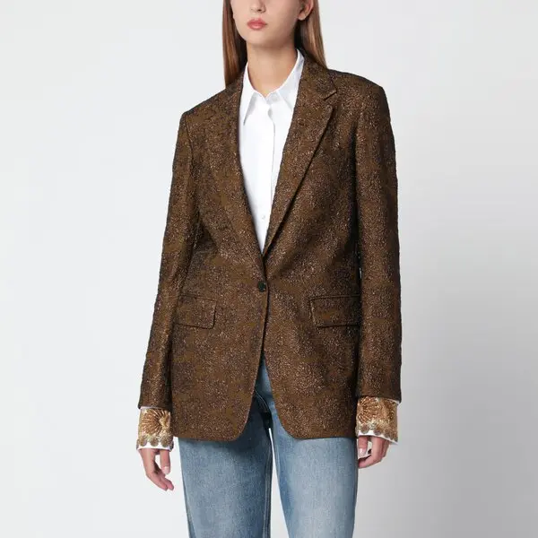 Dries Van Noten Khaki Single-breasted Jacket With Floral Jacquard Pattern - Green