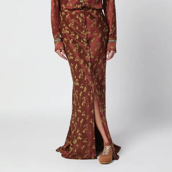 Dries Van Noten Long Rust Skirt In Floral Jacquard - Brown