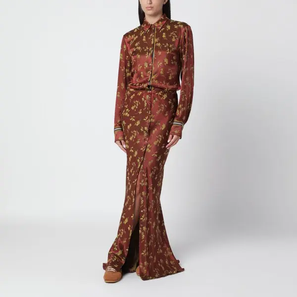 Dries Van Noten Long Rust Skirt In Floral Jacquard