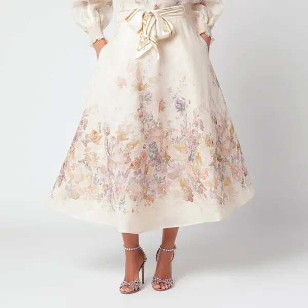 Zimmermann Ascent Cream Linen And Silk Flared Midi Skirt - Multicolor
