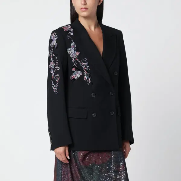 Dries Van Noten Double-breasted Jacket With Floral Sequinned Appliqués - Black