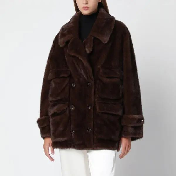 SWORD 6644 Dark Double-breasted Faux Fur Coat