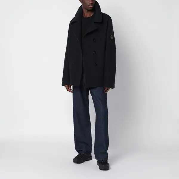 Stone Island Navy Double-breasted Coat In Wool And Cashmere - Blue