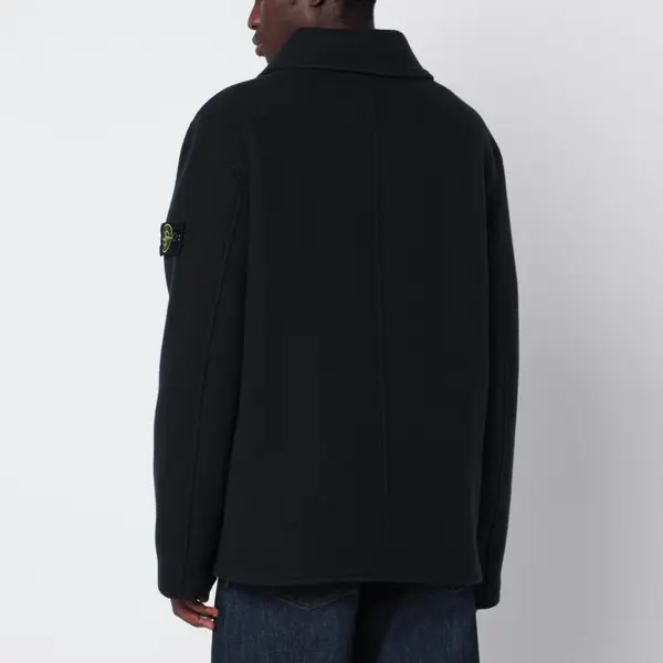Stone Island Navy Double-breasted Coat In Wool And Cashmere - Blue