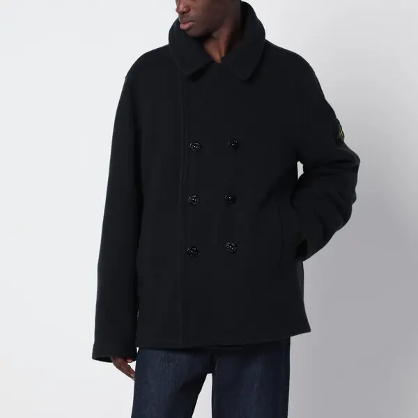 Stone Island Navy Double-breasted Coat In Wool And Cashmere - Blue